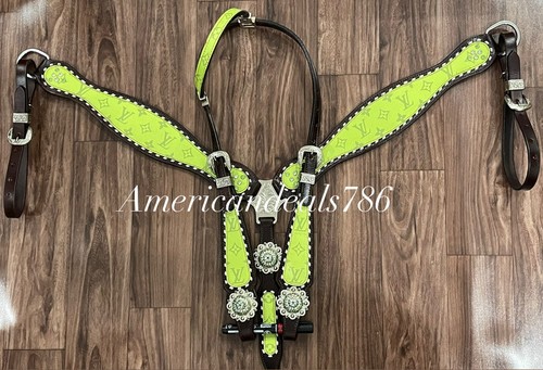 Western Brown Leather Bling Tack Set With Lime Green Overlay Leather ...