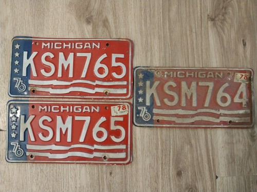 Vtg 1976 Michigan License Plate Lot Of 3 Plates Consecutive Matched Set ...