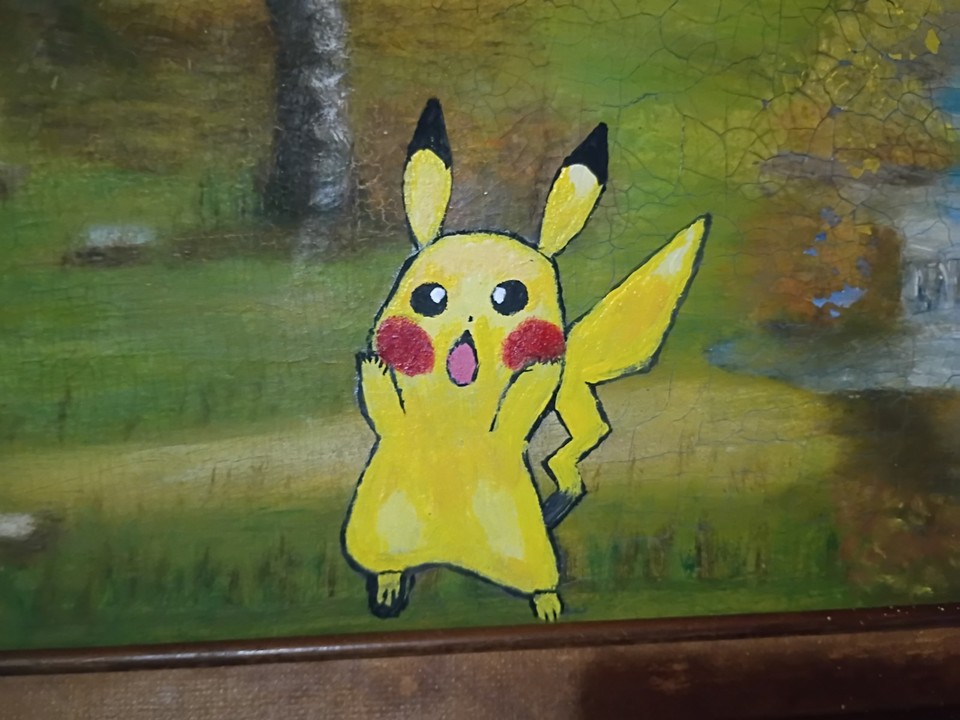Pikachu Painted On A Vintage Oil Painting. Pokemon Card Themed. Unknown ...