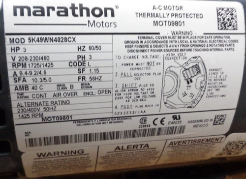 Trane MOT09801/MARATHON 5K49WN4028CX MOTOR 3HP 208-230/460V 1725/1425 ...