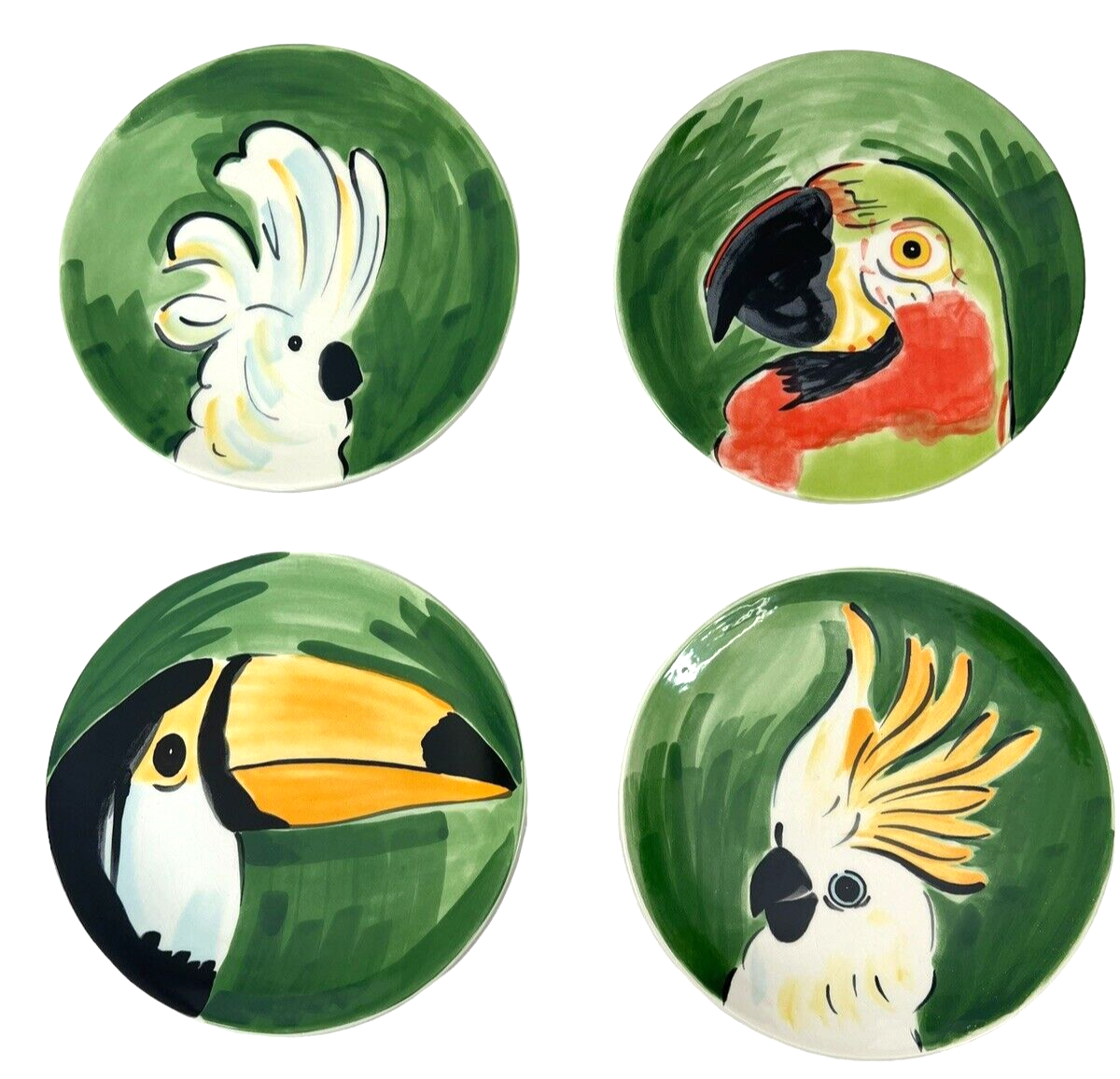 Pottery Barn Parrot Plates Salad Lunch Toucan Cockatiel Birds Set of 4 ...