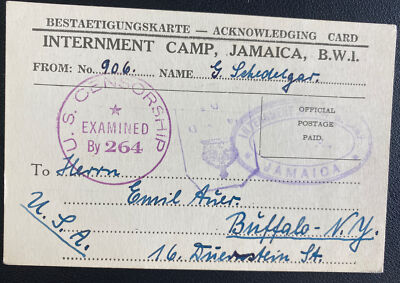 1942 Jamaica Prisoner of War Internment Camp Card Receipt Cover to ...