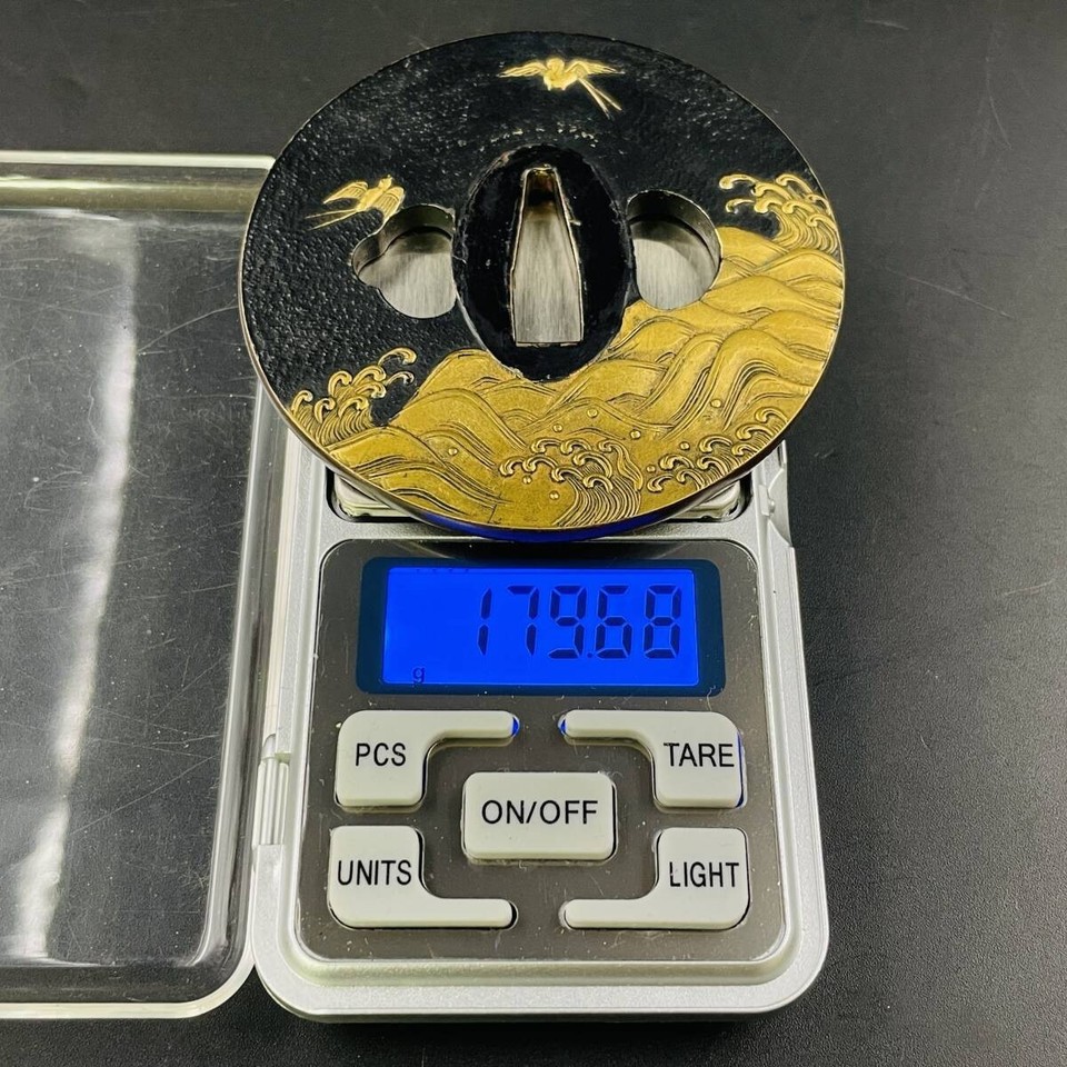 Japanese Antique Edo Tsuba Wave Plovers Design Gold Silver Copper Sword ...