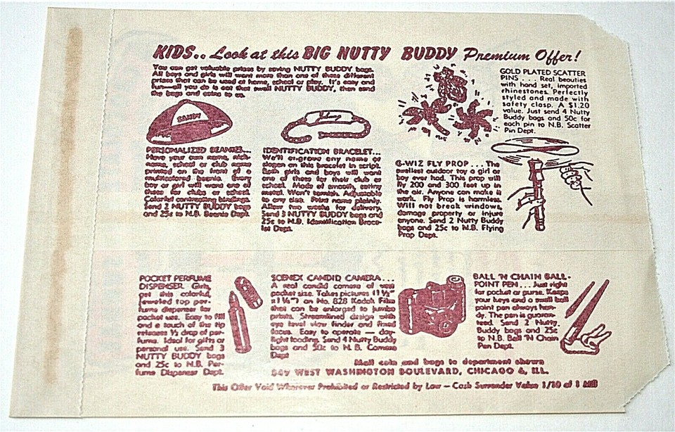 Nutty Buddy Cone Ice Cream Cone Dairy Bag NOS New 1940s Prize Wrapper ...