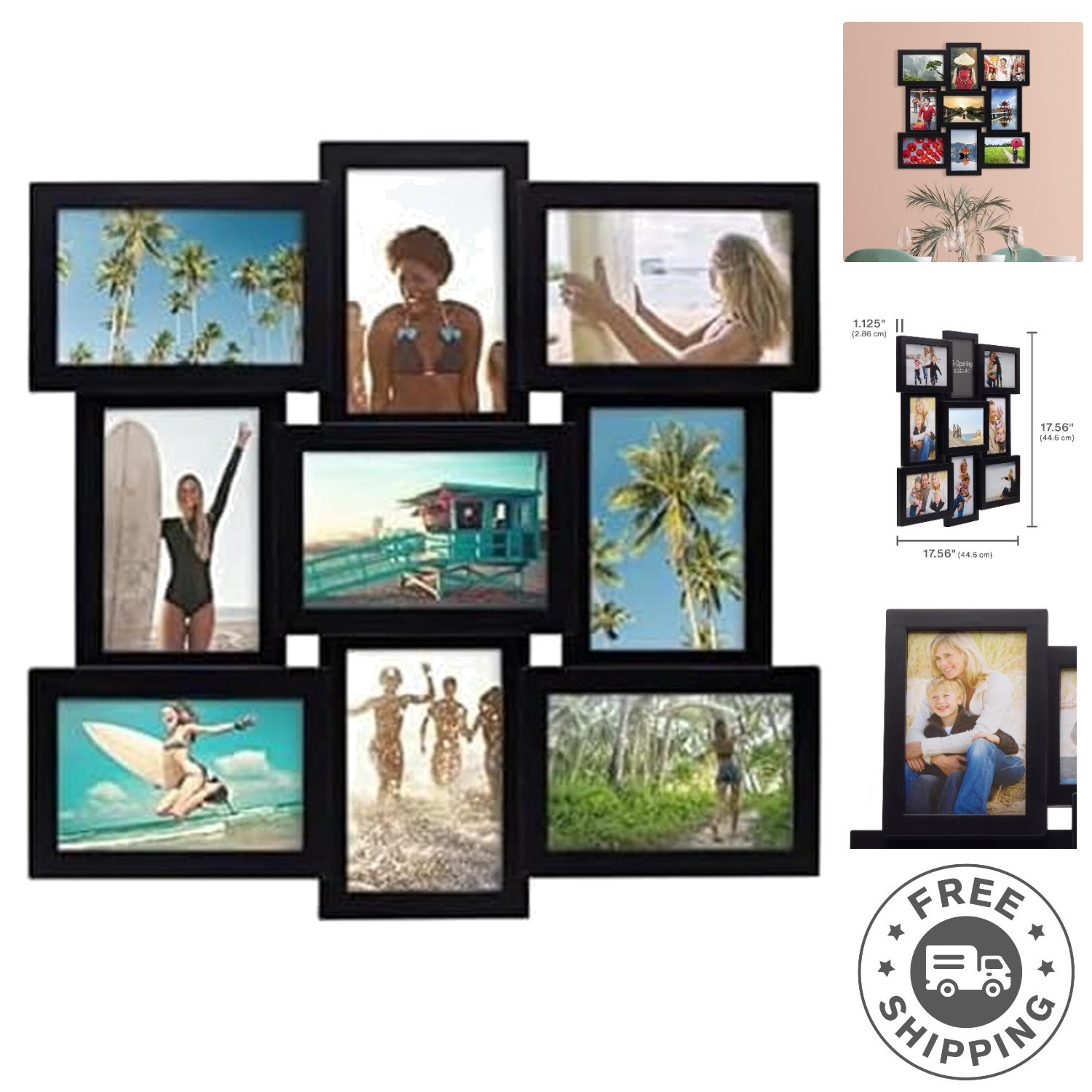Stylish 18” Black Multi-Photo Collage Frame: 9 Openings for Cherished ...