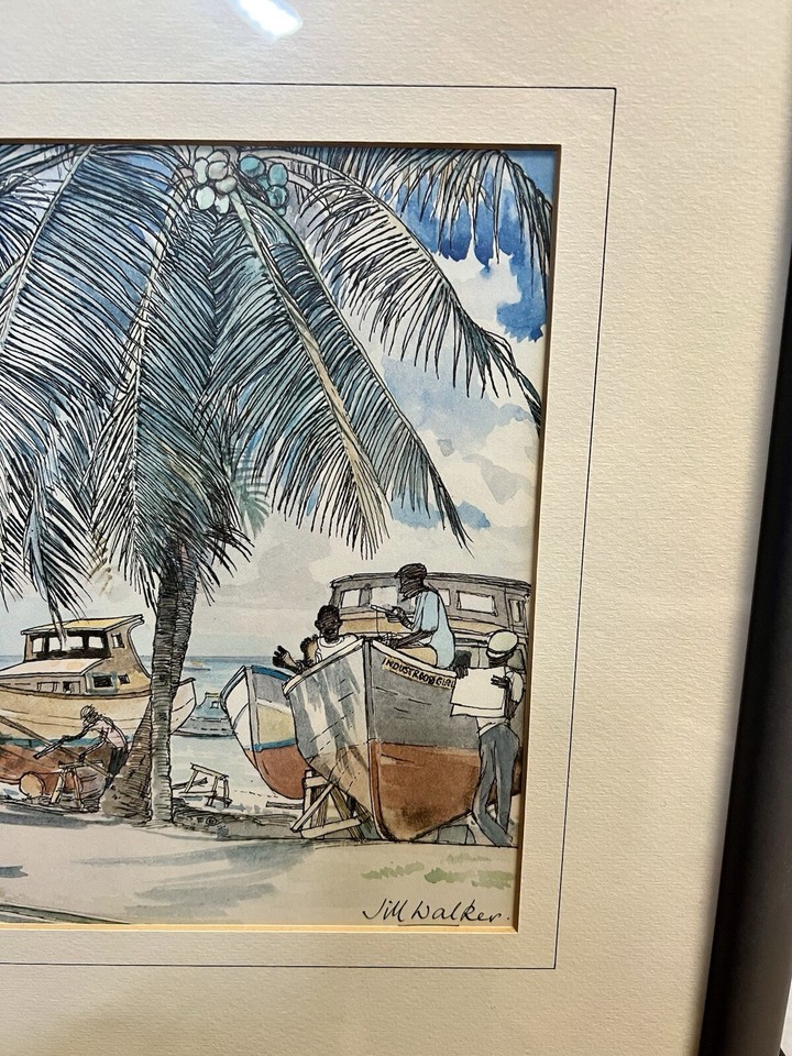 Vintage Jill Walker Print Barbados Framed Matted Boats Palm Trees ...