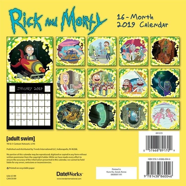 Rick and Morty Animated TV Series 16 Month 2019 Mini Wall Calendar NEW ...