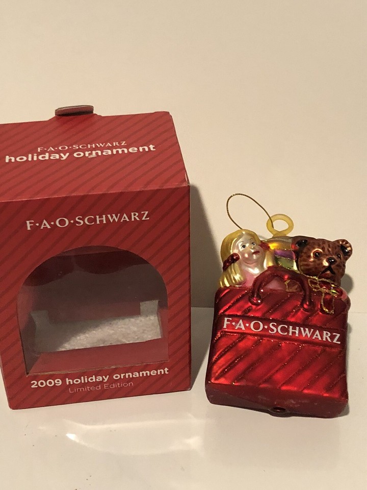 FAO Schwarz Christmas Ornament Hand Painted Blown Glass Teddy Bear Doll ...