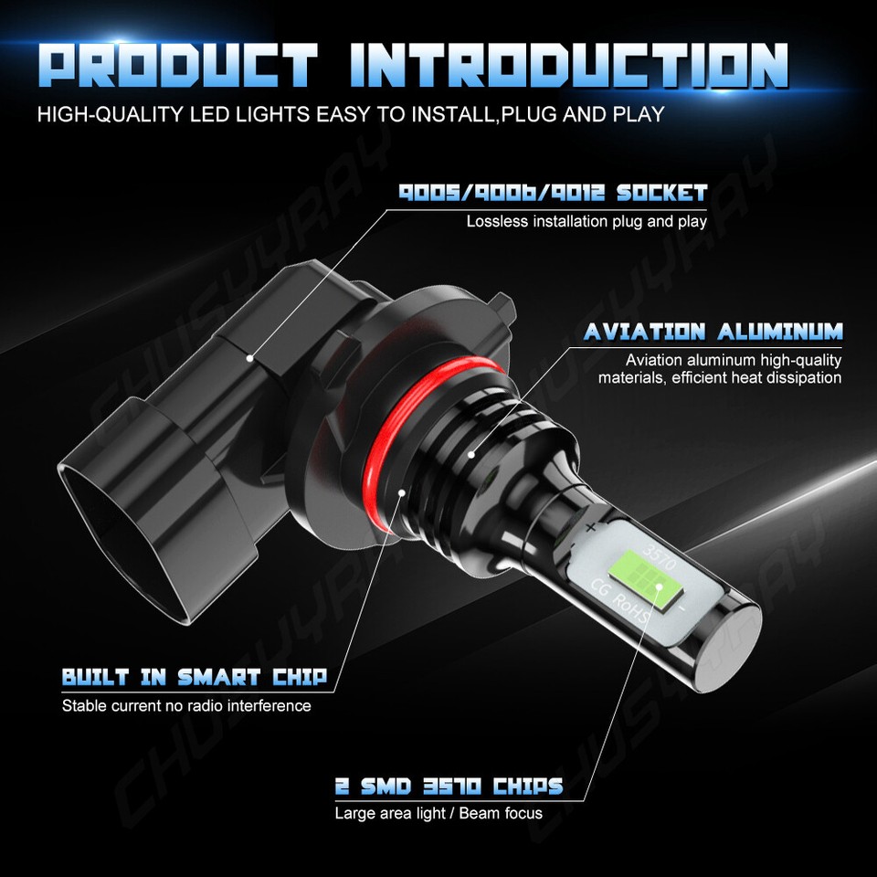 9005 H11 LED Headlight Super Bright Bulbs Kit 8000K blue 360000LM High ...