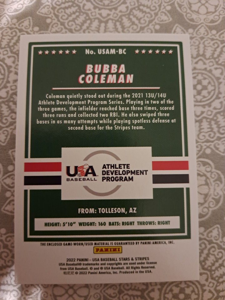 2022 PANINI USA BASEBALL STARS AND STRIPES Bubba Coleman Relic Patch ...
