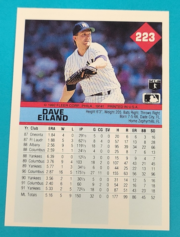 1992 Fleer #223 Dave Eiland New York Yankees BASEBALL Card W6 | eBay