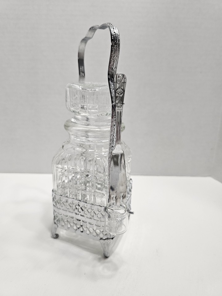 Vintage Castor Crystal Condiment Jar With Silver Carrier And SP Fork ...