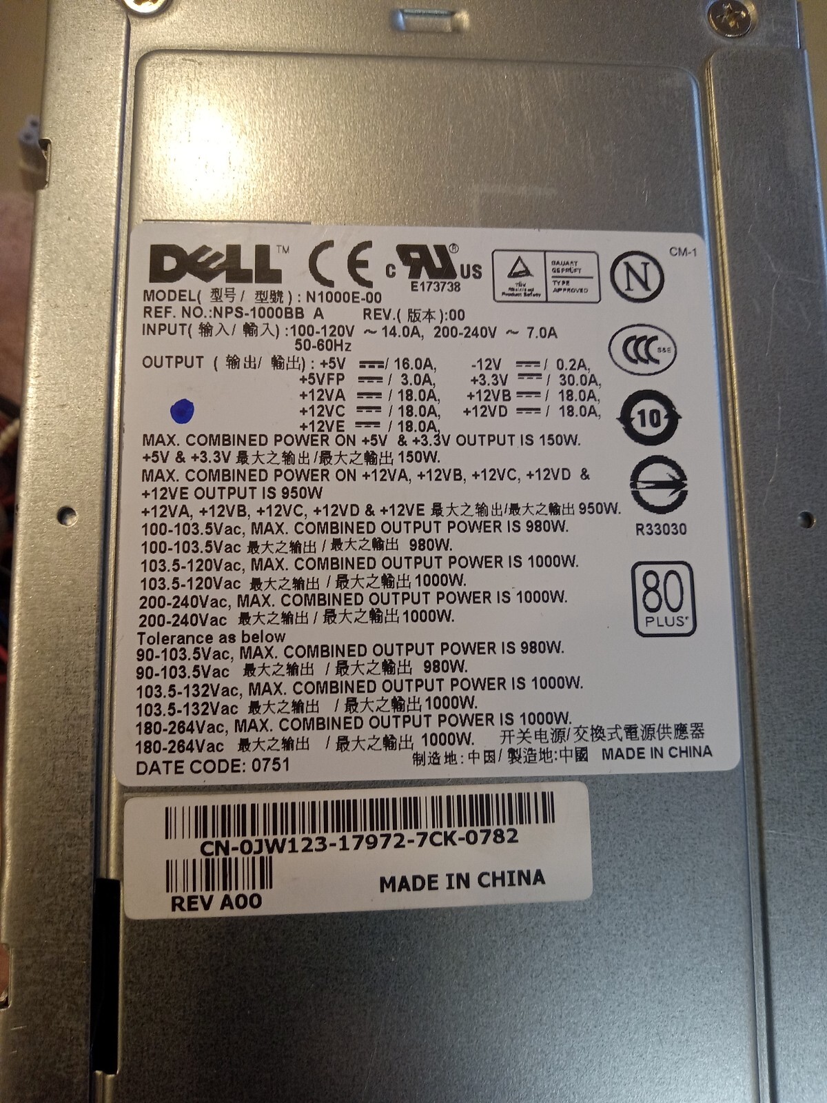 DELL 1000W Power Supply N1000E-00 NPS-1000BB for sale online | eBay