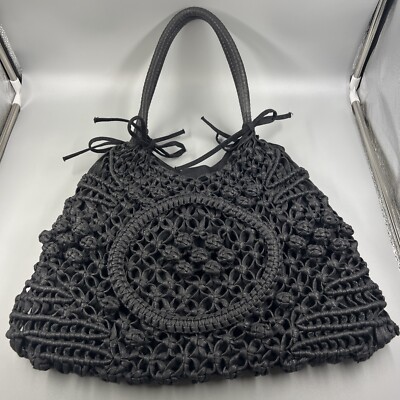 AUTHENTIC DAVID & SCOTTI BLACK LARGE LEATHER CROCHETED TOTE BAG | eBay