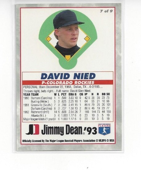 1993 JD JIMMY DEAN BASEBALL - DAVID NIED RC ROOKIE CARD #7 OF 9 ...