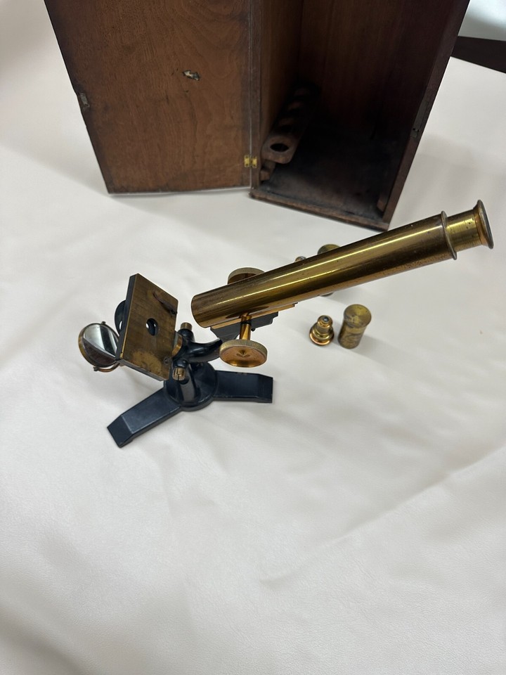 Antique Rare Vintage Bausch & Lomb long tube Brass Microscope Box 1/6 1 ...
