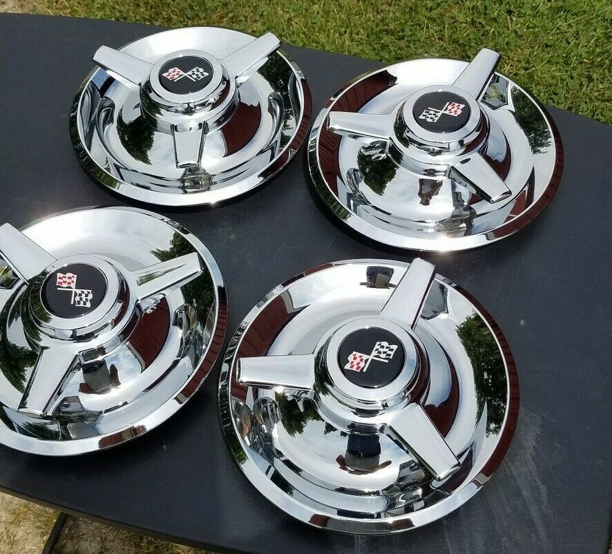 FULL SET = 4 Tri-BAR (BLACK/FLAGS) WITH BASE CAPS FIT Chevy Rally ...