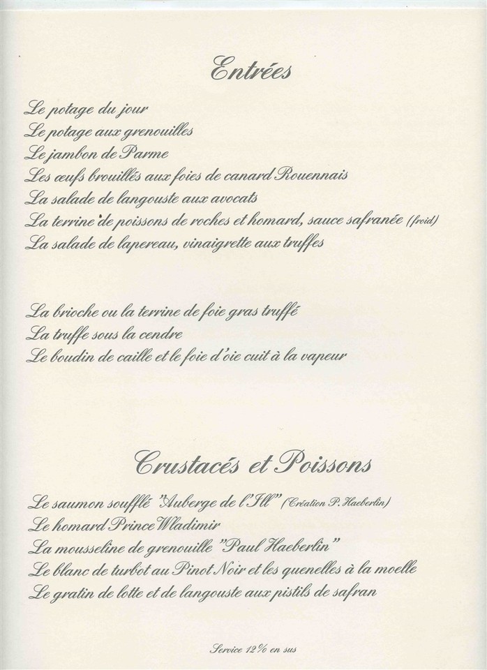 L' Auberge de L'ill Menu des Fries Haeberlin Michelin 3 Star ...