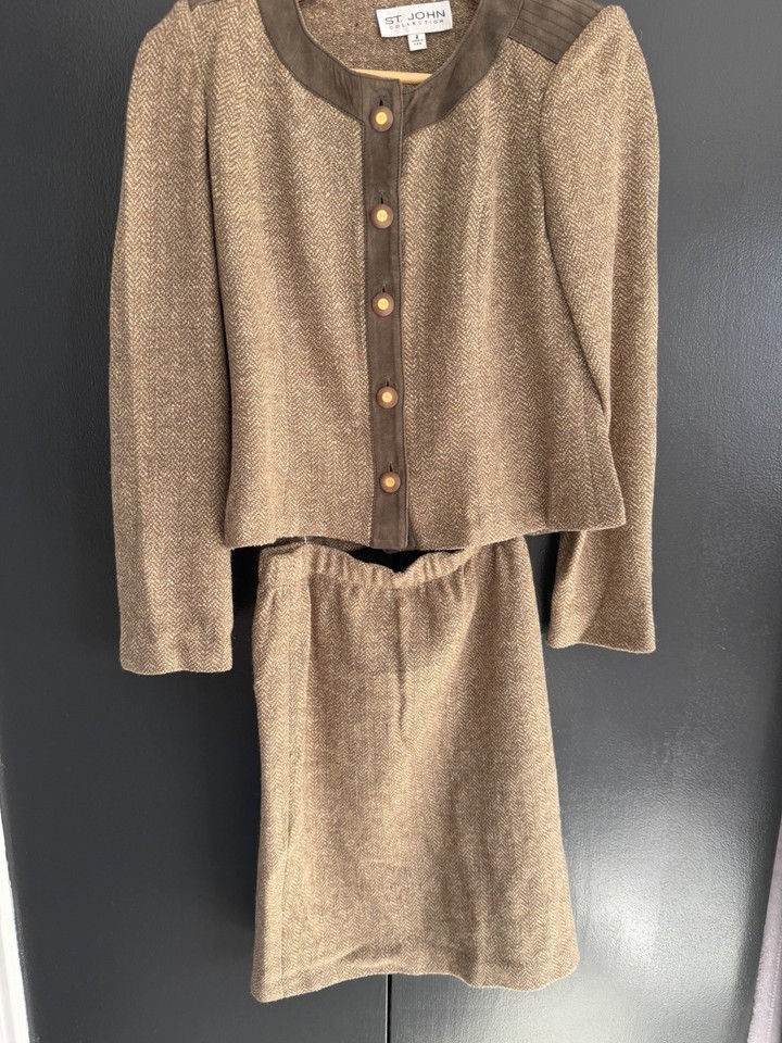 St. John Collection Brown Tweed Chevron Skirt Suit Set Wool Blend Size ...
