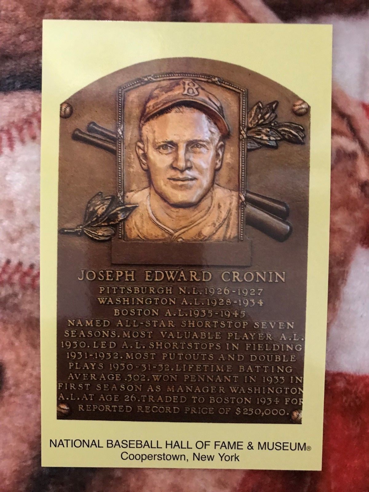 Joe Cronin Postcard - Baseball Hall of Fame Induction Plaque - Photo ...