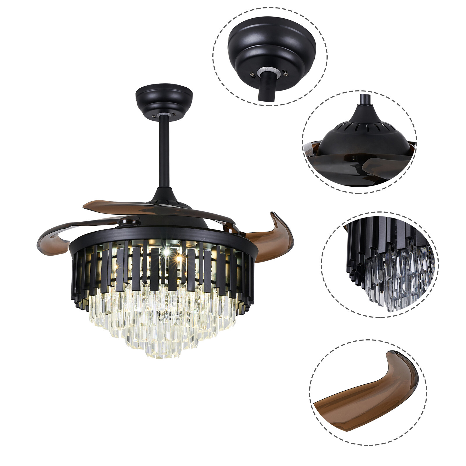Modern Led Ceiling Fan 42 Retractable Blades Crystal Chandelier White ...
