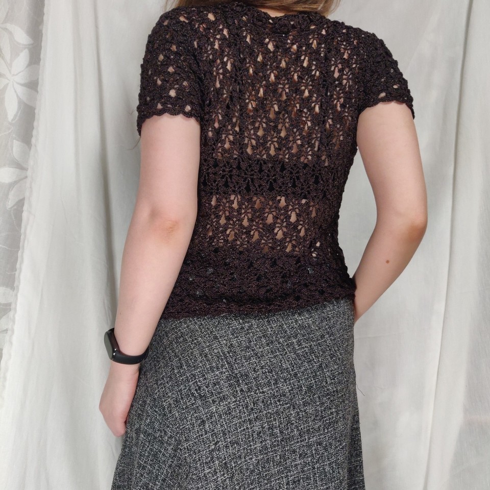 VTG Chocolate Brown Crochet Cardigan Women’s XS Fairygrunge One Button ...