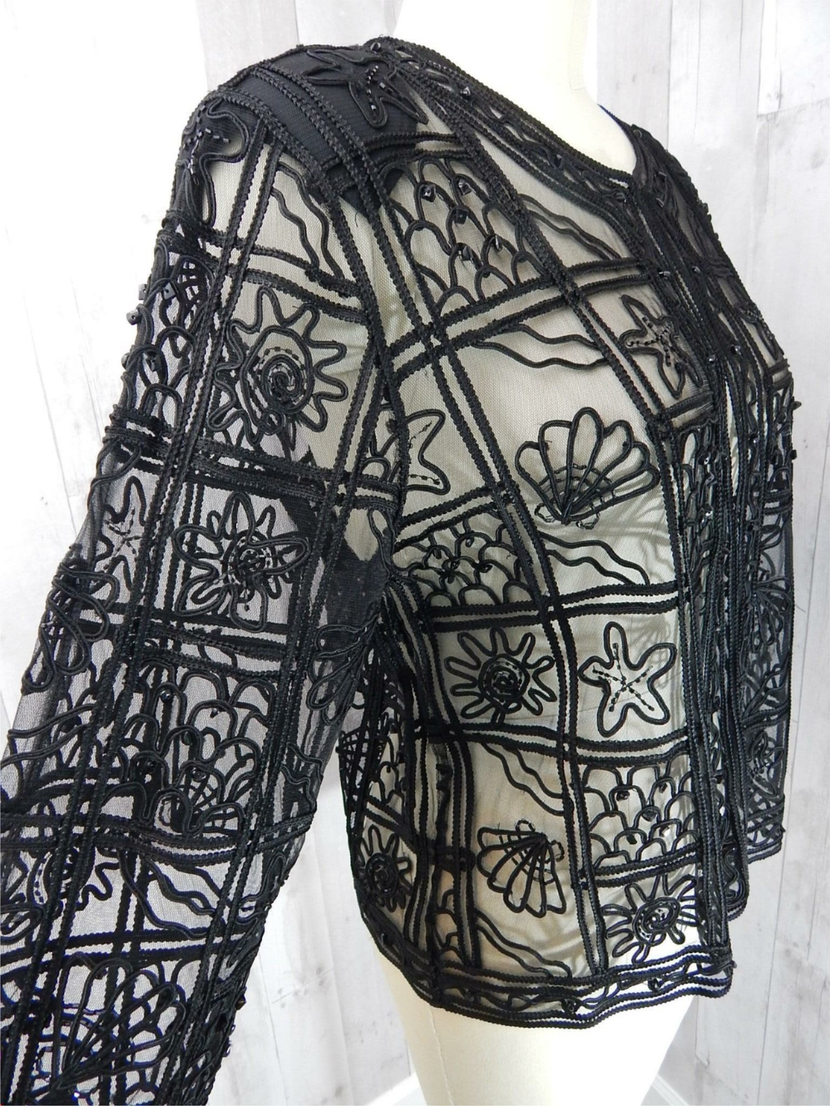 Vintage 1990s SHEER Cocktail Evening JACKET Black Sta… - Gem