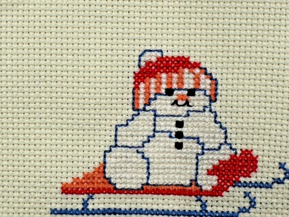 Cross Stitch Whimsical Snowman Riding On His Sled Winter Holiday ...