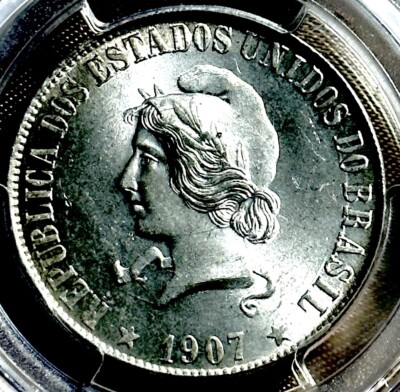 1907 BRAZIL LIBERTY CAP Silver MS 63 PCGS OLD ANTIQUE 2000 Reis ...