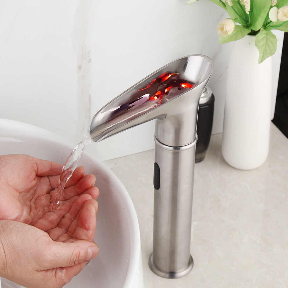 Brushed Nickel LED Touchless Bathroom Sink Mixer Sensor Faucet ...