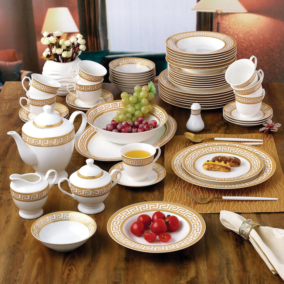 Luxury 57-Pc Gold Greek Key Dinnerware Set for 8 - Elegant Tableware | eBay