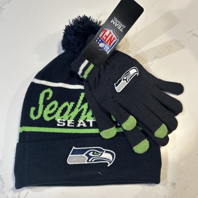 NWT NFL Seattle Seahawks Cuffed Knit Pom Hat & Gloves Set OS Navy/Green ...