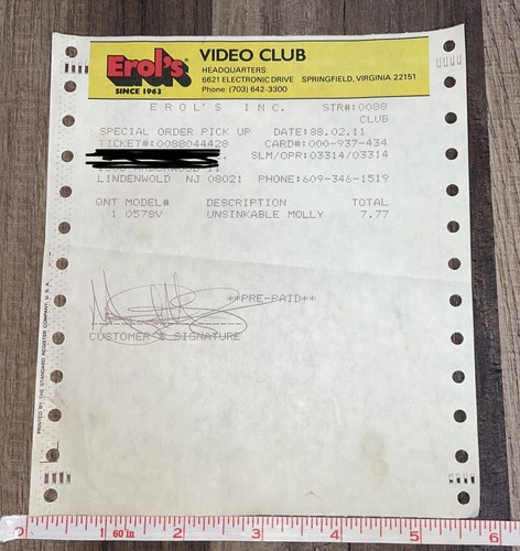 Erol’s Video Club Sales Slip Unsinkable Molly 1980s VHS Rental Store ...