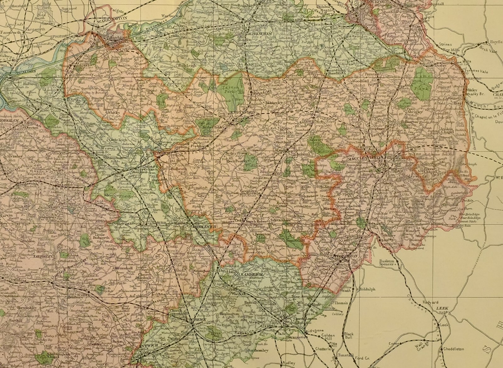 1896 COUNTY MAP CHESHIRE CHESTER BIRKENHEAD ALTRINCHAM KNUTSFORD ...