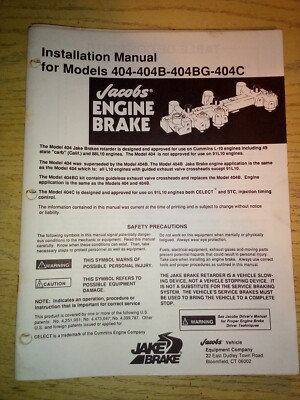 Jacobs Jake Brake Installation Manual Model 404/B/BG/C for Cummins L10 ...