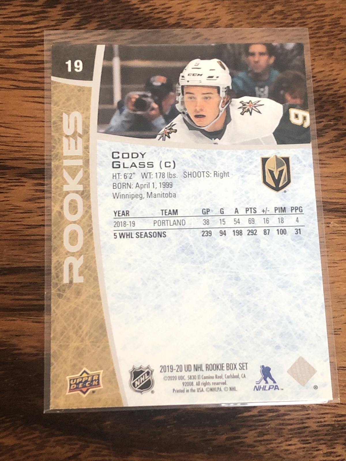 2019-20 Upper Deck UD NHL Rookie Box Set Cody Glass #19 RC Golden ...