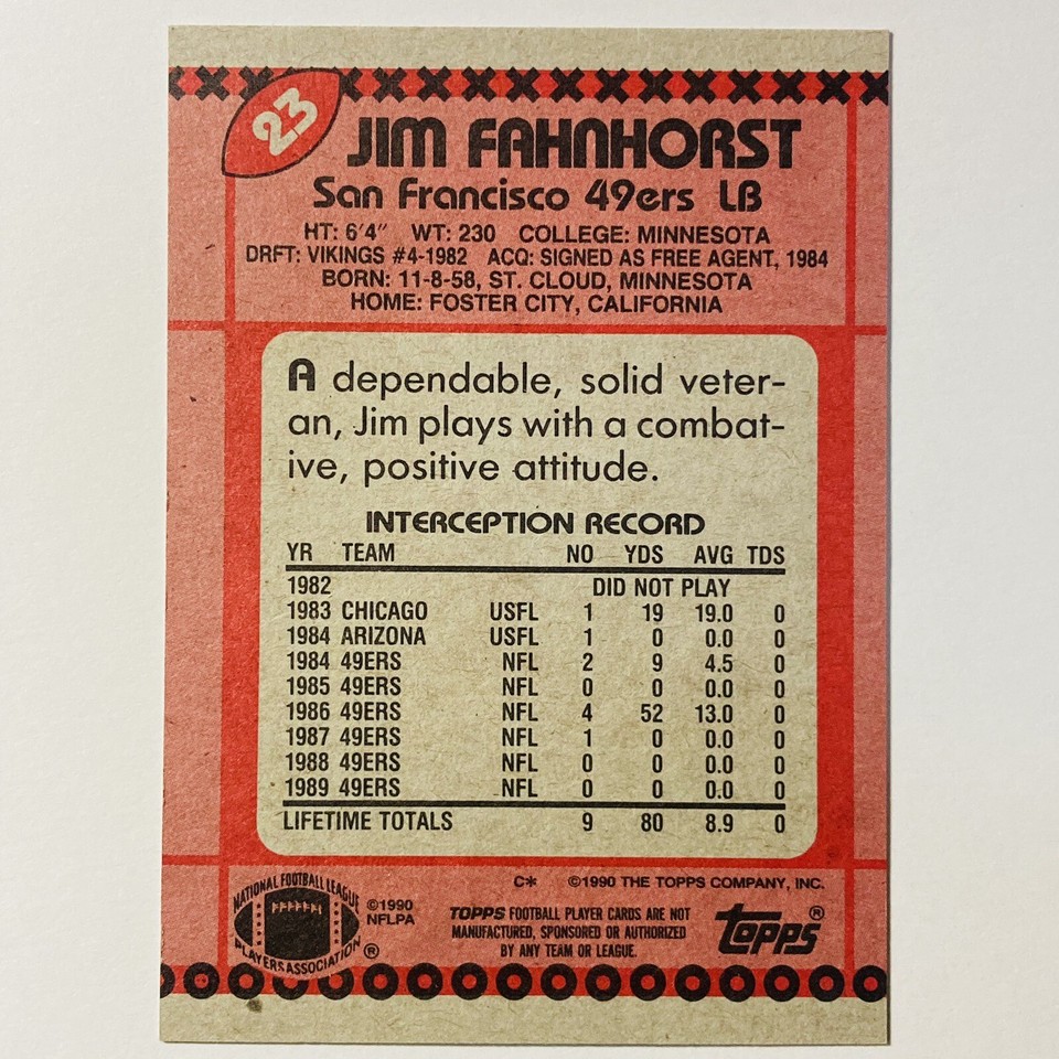 1990 Topps Jim Fahnhorst #23 San Francisco 49ers Football Trading Card ...