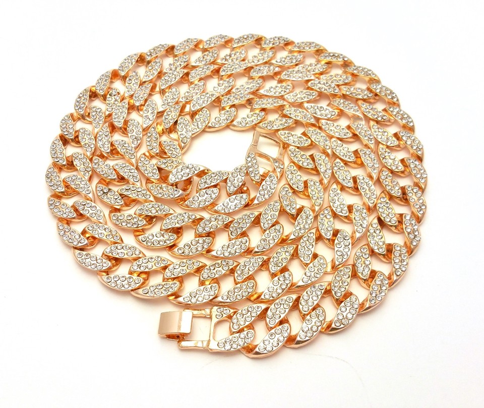 Mens 14K Rose Gold Finish Rapper's Miami Cuban Link Chain Necklace | eBay