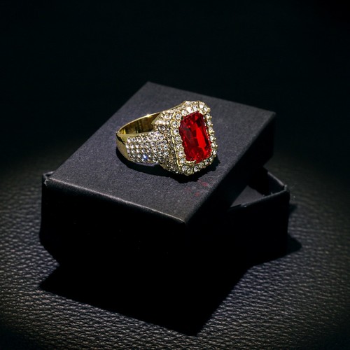 Red Pinky Ring Iced Cubic Zirconia 18k Gold Plated Hip Hop Fashion ...