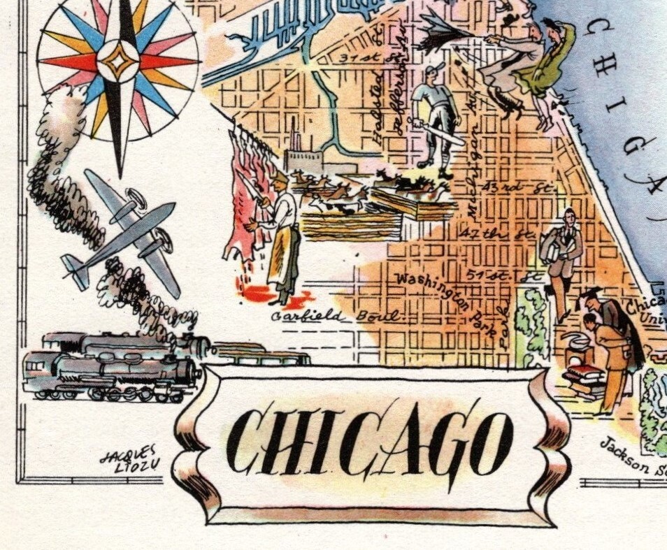 1940s Vintage Chicago Picture Map Liozu Chicago Illinois Map Wall Art ...