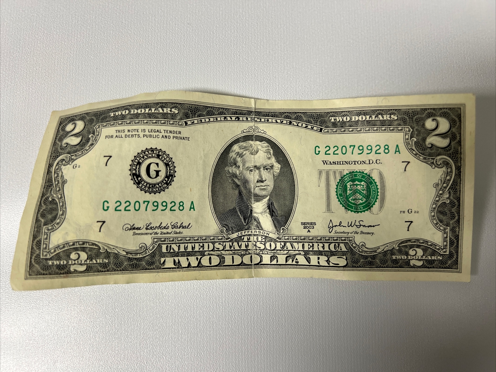 Series G, $2 banknote year 2003A, bill, two dollar bank note Federal ...