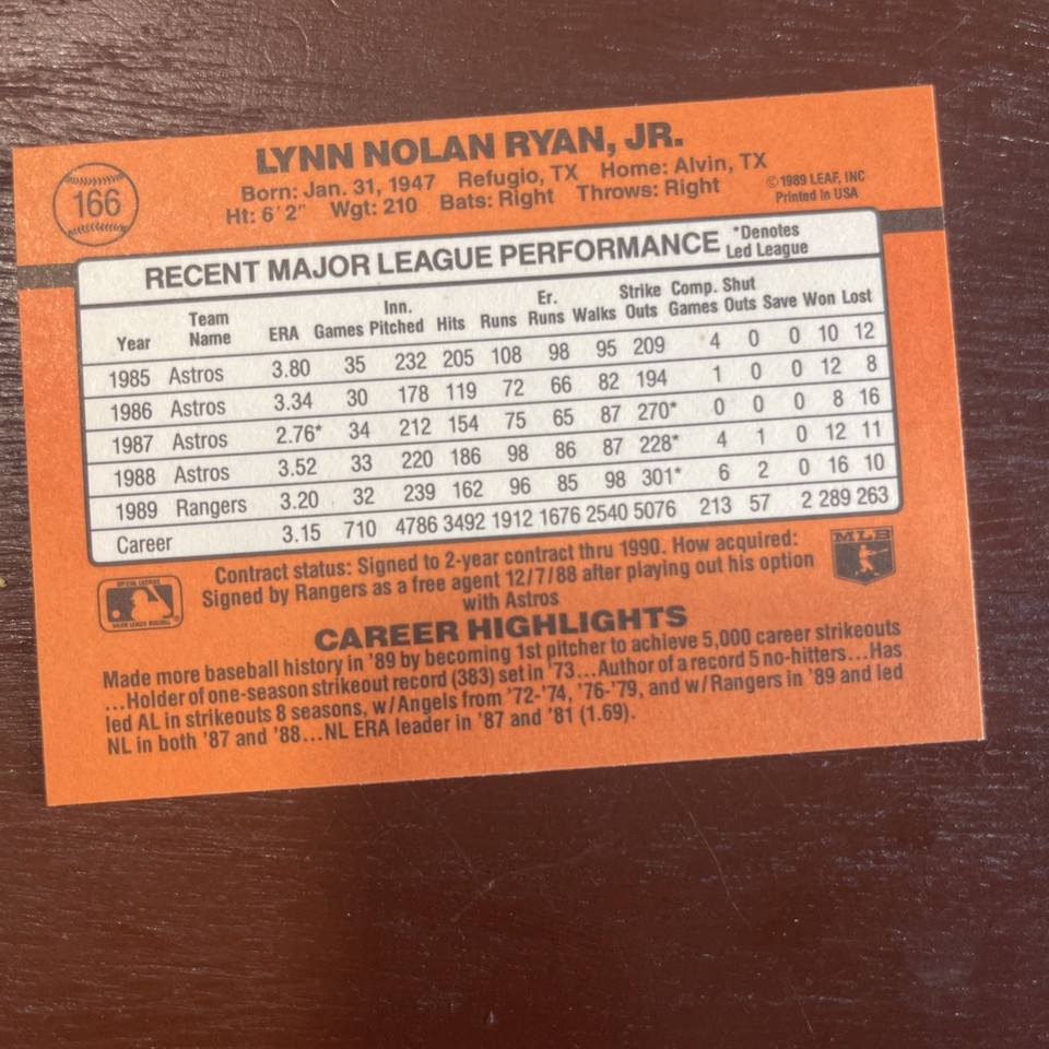 #7 Donruss 1990 Nolan Ryan/Error Card RARE. Texas Rangers #166 Baseball ...