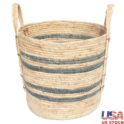 Large Natural Maize Round Storage Basket W/ Jute Handles Home ...