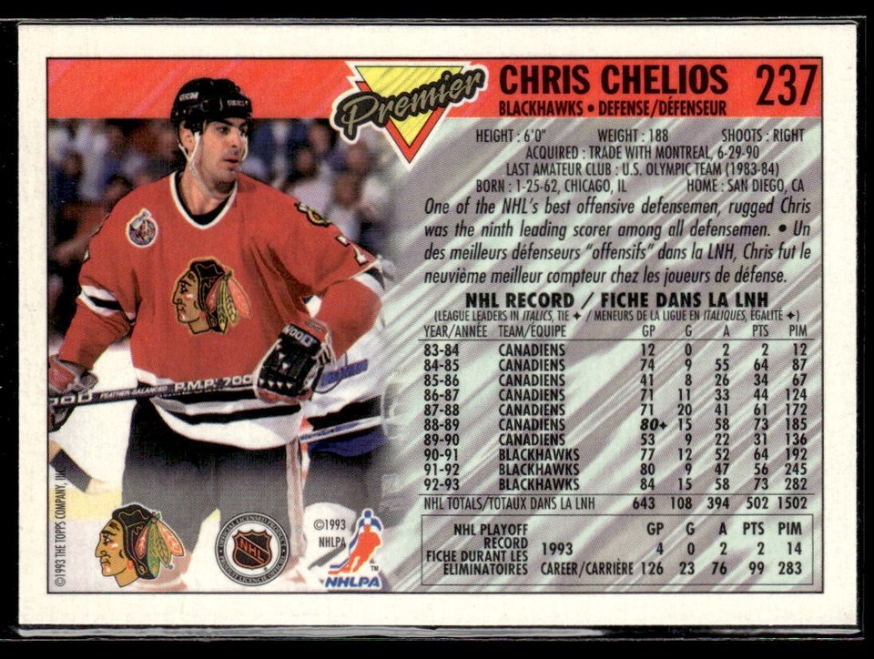 1993-94 Topps Premier #237 Chris Chelios Hockey Card 1202K | eBay