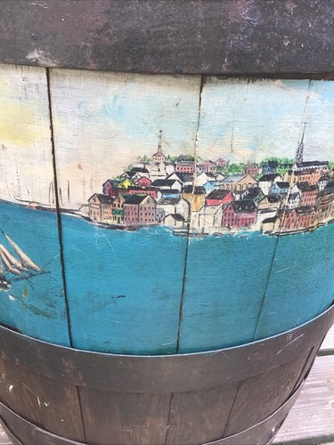 Oil Painting On Oak Barrel Fishing Town Boats Mystic CT Ellery Thompson ...