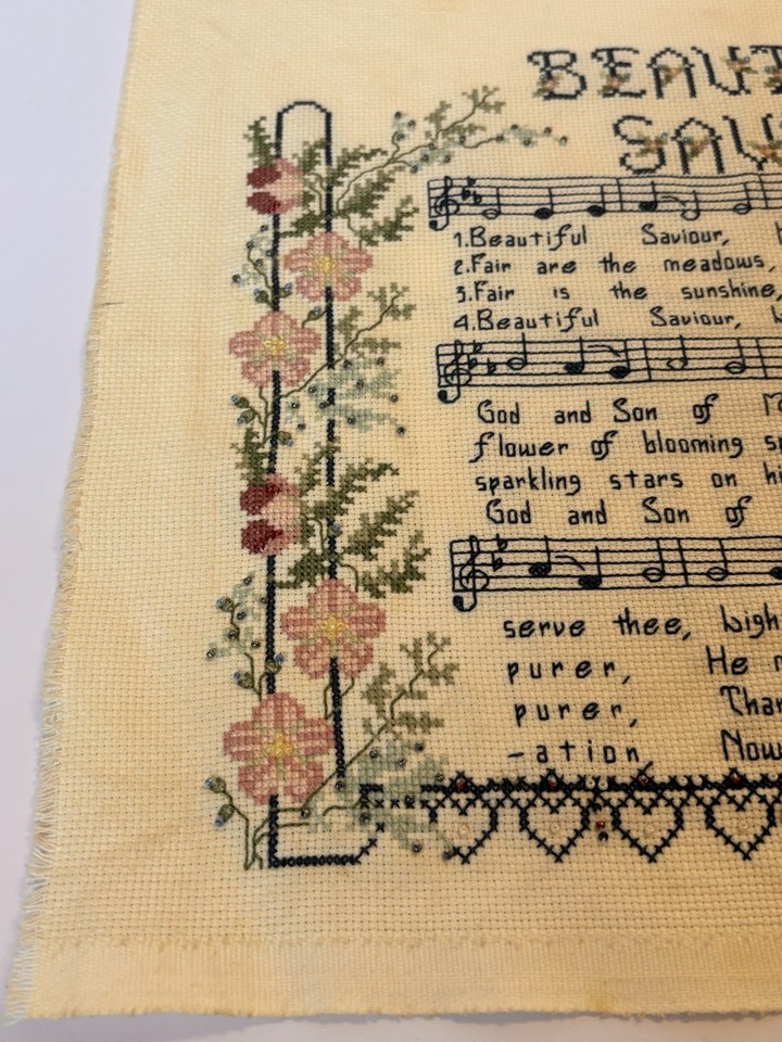 Vintage Embroidered Cross Stitch Hymn Sampler “Beautiful Saviour” Beads ...