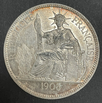 1908 FRENCH INDOCHINA Piastre de Commerce .900 Silver Trade Dollar KM ...