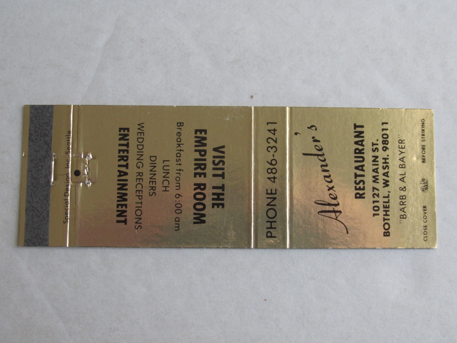 G336 Vintage Matchbook Cover Washington WA Alexanders Restaurant ...