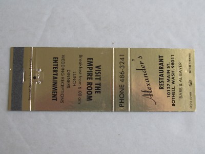 G336 Vintage Matchbook Cover Washington WA Alexanders Restaurant ...