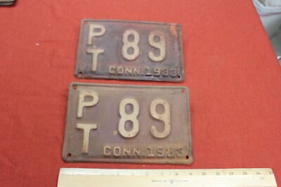 Pair Antique 1933 Conn License Plate PT 89 Vintage Automobilia CT 2 Old ...